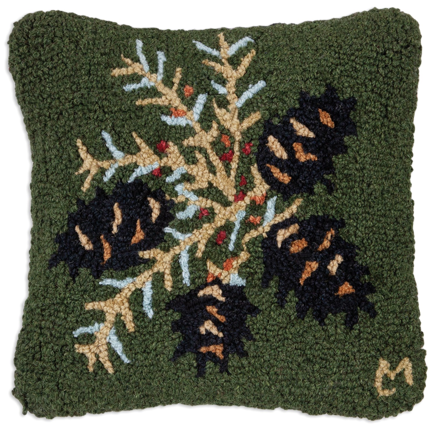 Pinecones on green hooked pillow.